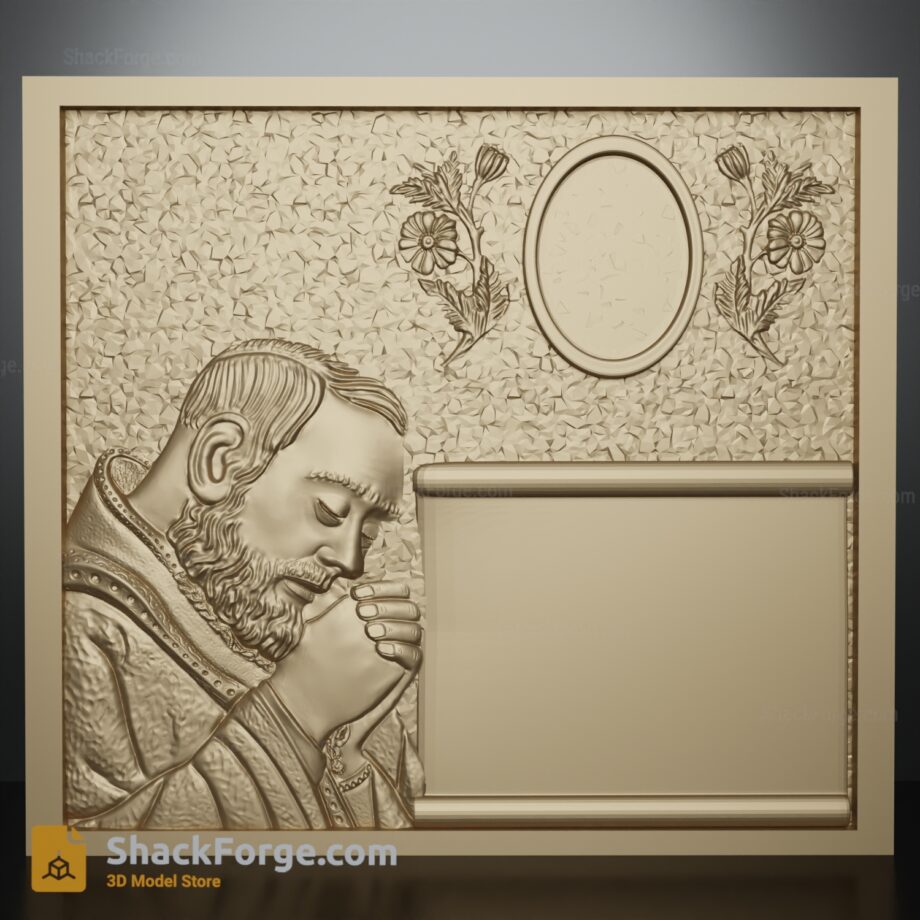 3D STL-BMP Wall Headstone with Padre Pio Sculpture Oval Photo Frame N ...